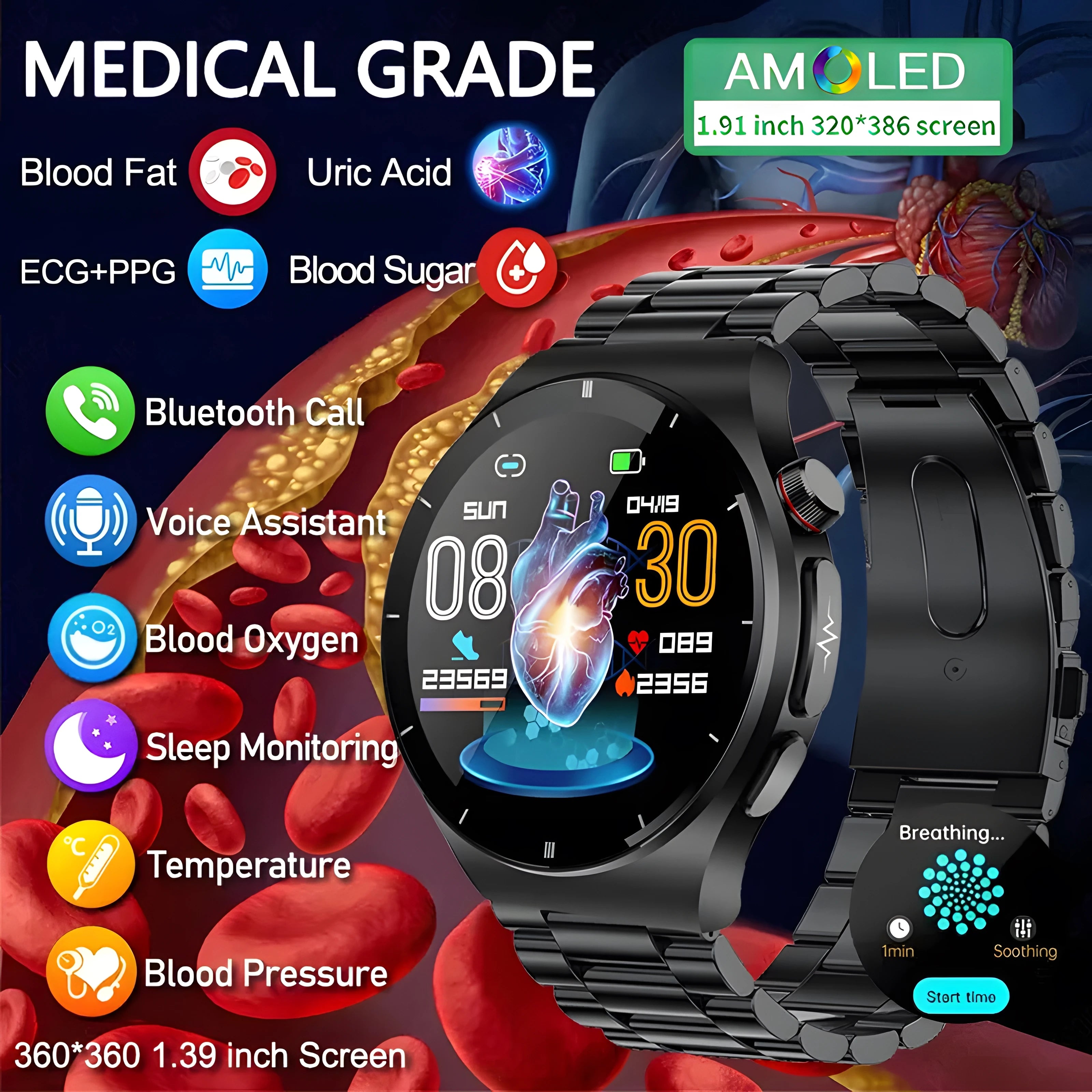 2025 New Laser Treatment Smart Watch - Blood Sugar - Lipid and Uric Ac ...